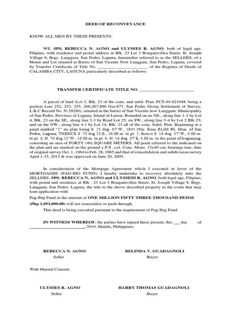 Deed of Reconveyance | PDF | Natural Resources Law | Civil Law (Common Law)