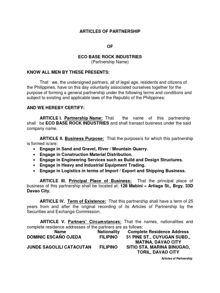 Articles of Partnership | Government Information | Business