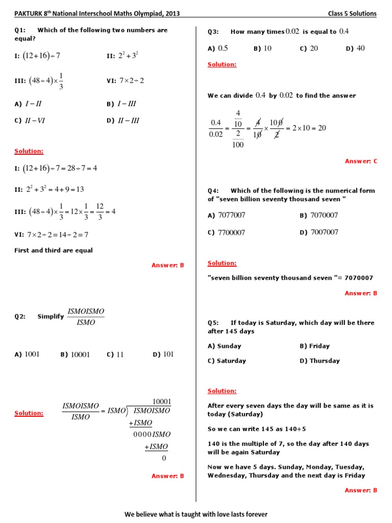 8th National ISMO Class 5 Question Paper With Solutions | PDF ...