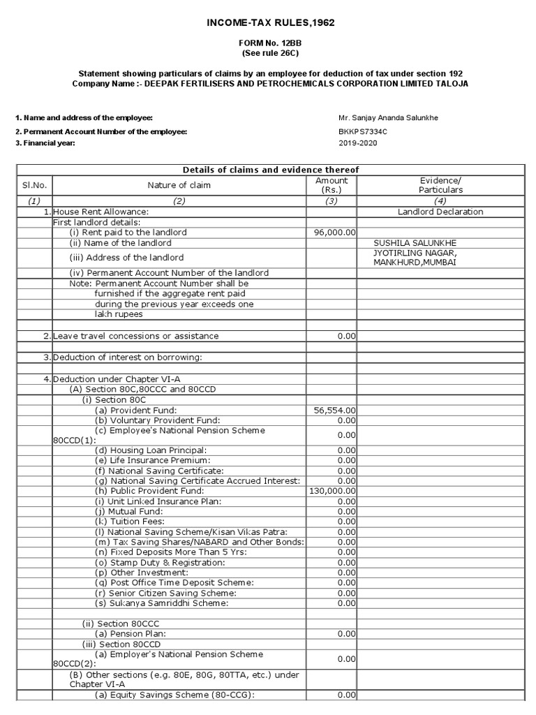 Form 12 BB | PDF | Taxation | Taxes