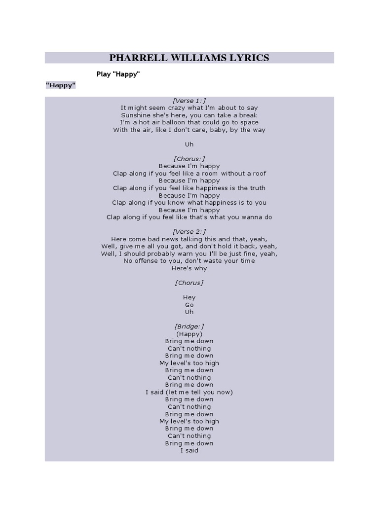 Pharrell Williams Lyrics: Play "Happy" | PDF | Songs | Musical Compositions