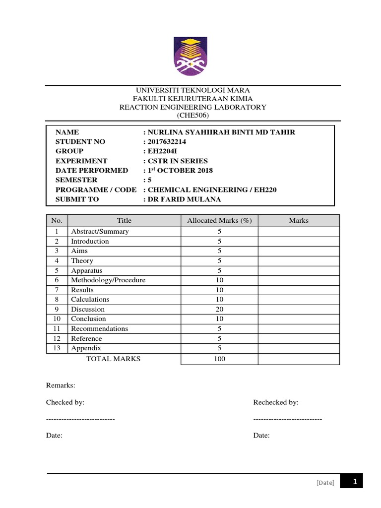 CHE506 - Lab Report On Continuous Stirre PDF | PDF | Chemical Reactor ...