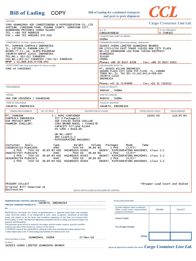 Bill of Lading CCL Cargo Container Line - CANS19058826 | PDF | Freight ...