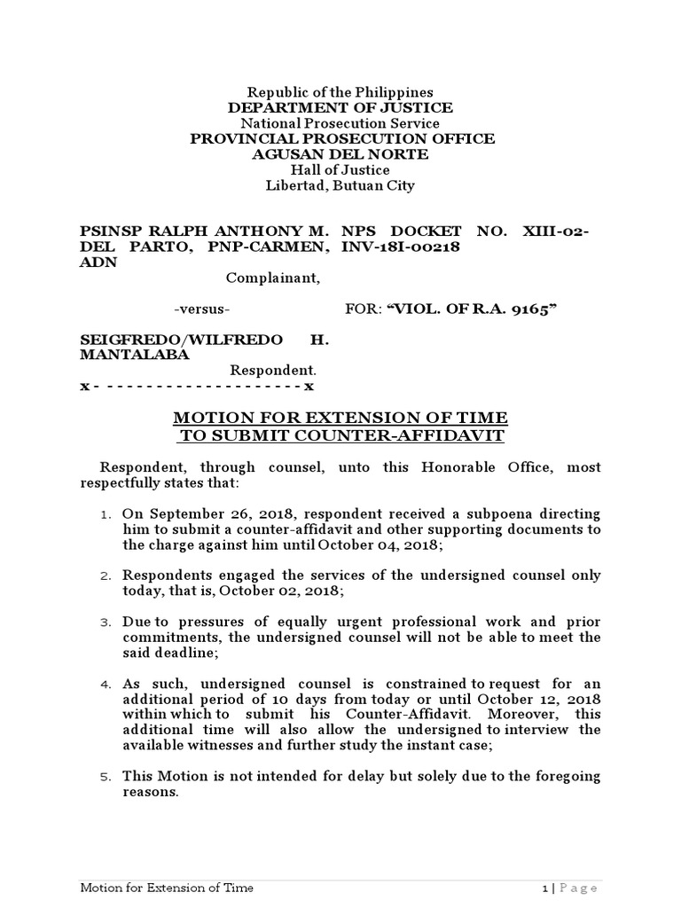 Motion For Extension of Time To Submit Counter-Affidavit | PDF | Virtue ...