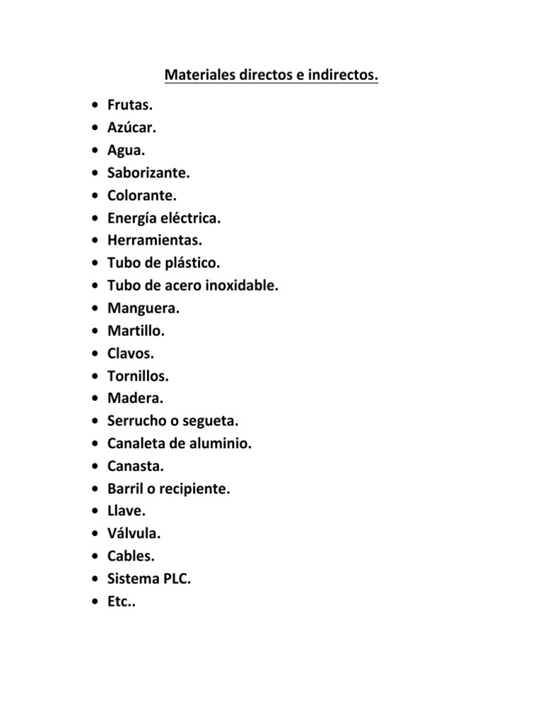 Materiales Directos e Indirectos Proyecto de Metodos I | PDF ...