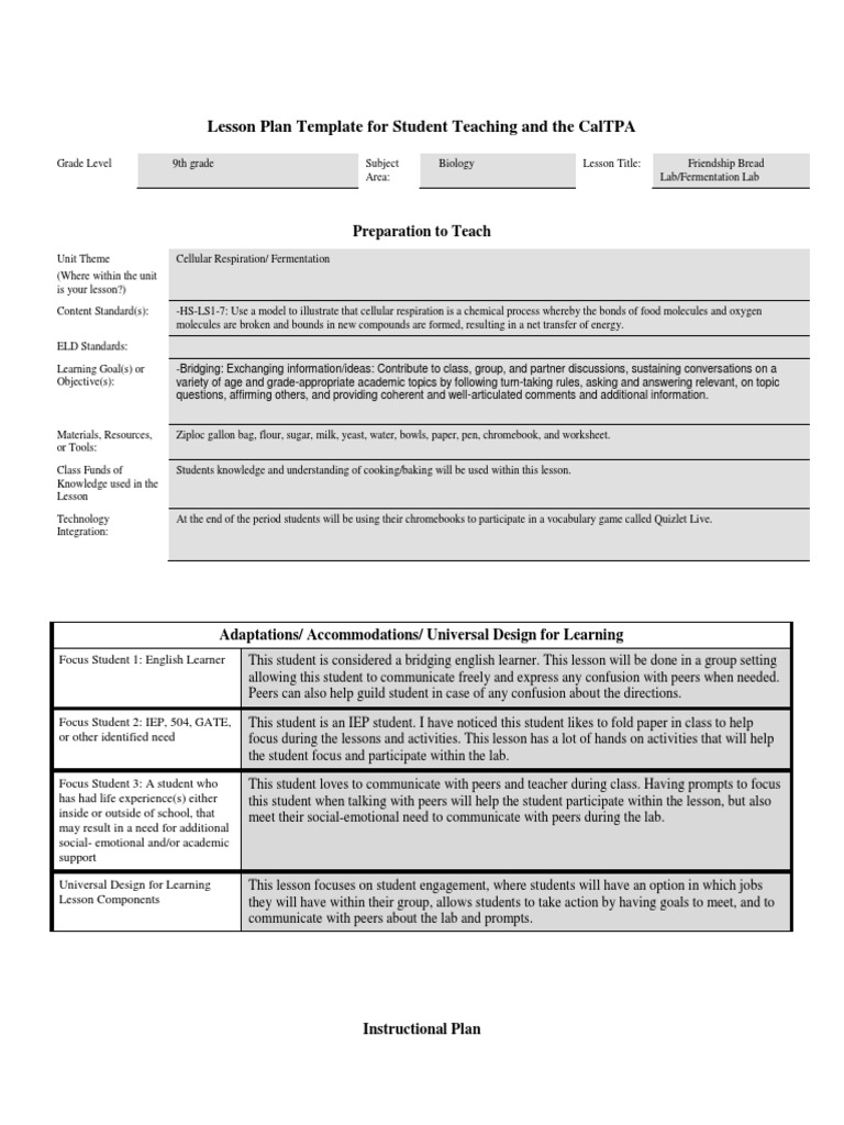 Lesson Plan - Template University-Of-La-Verne Tpa 1 | PDF | Cellular ...