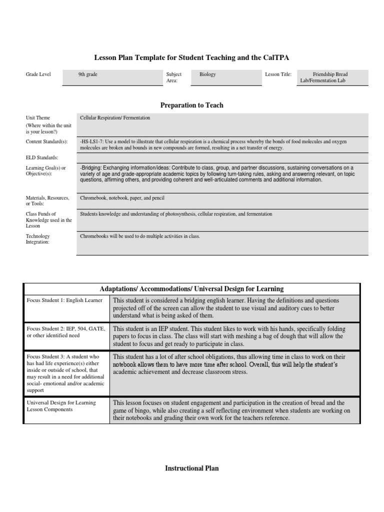 Lesson Plan Template For Student Teaching and The Caltpa: Preparation ...