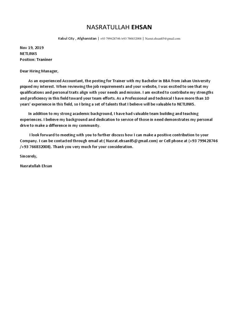 Nasratullah Ehsan (Cover Letter + CV) | PDF | Afghanistan | Business