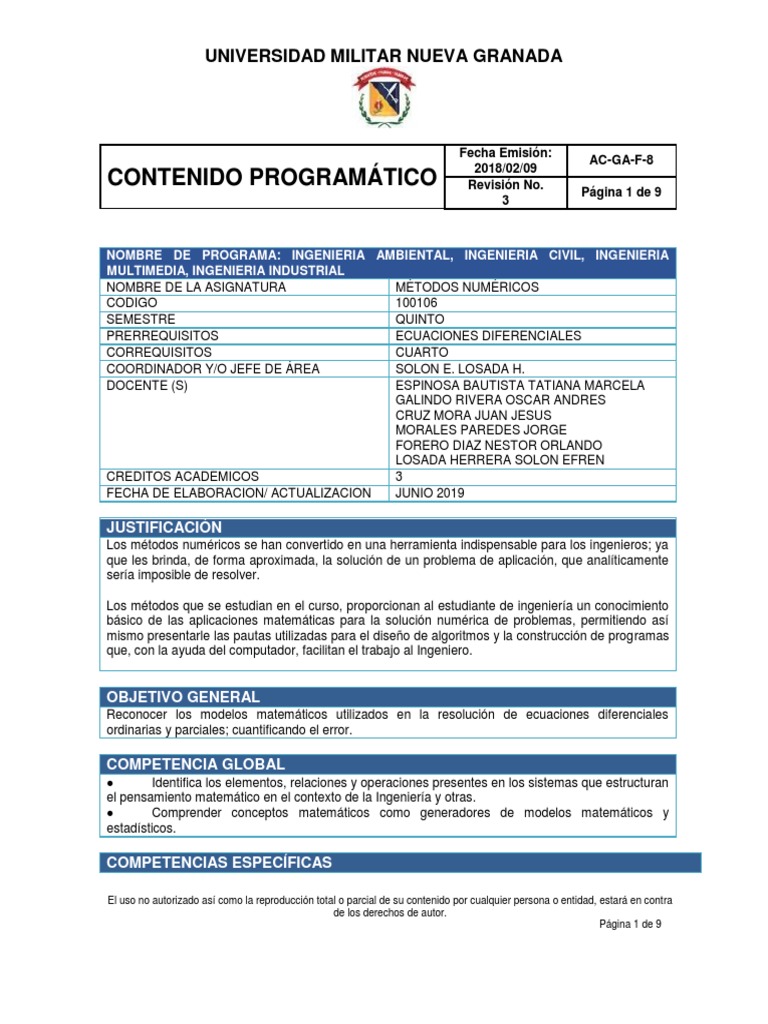 Contenido Programatico - METODOS NUMERICOS | PDF | Ingeniería | Evaluación