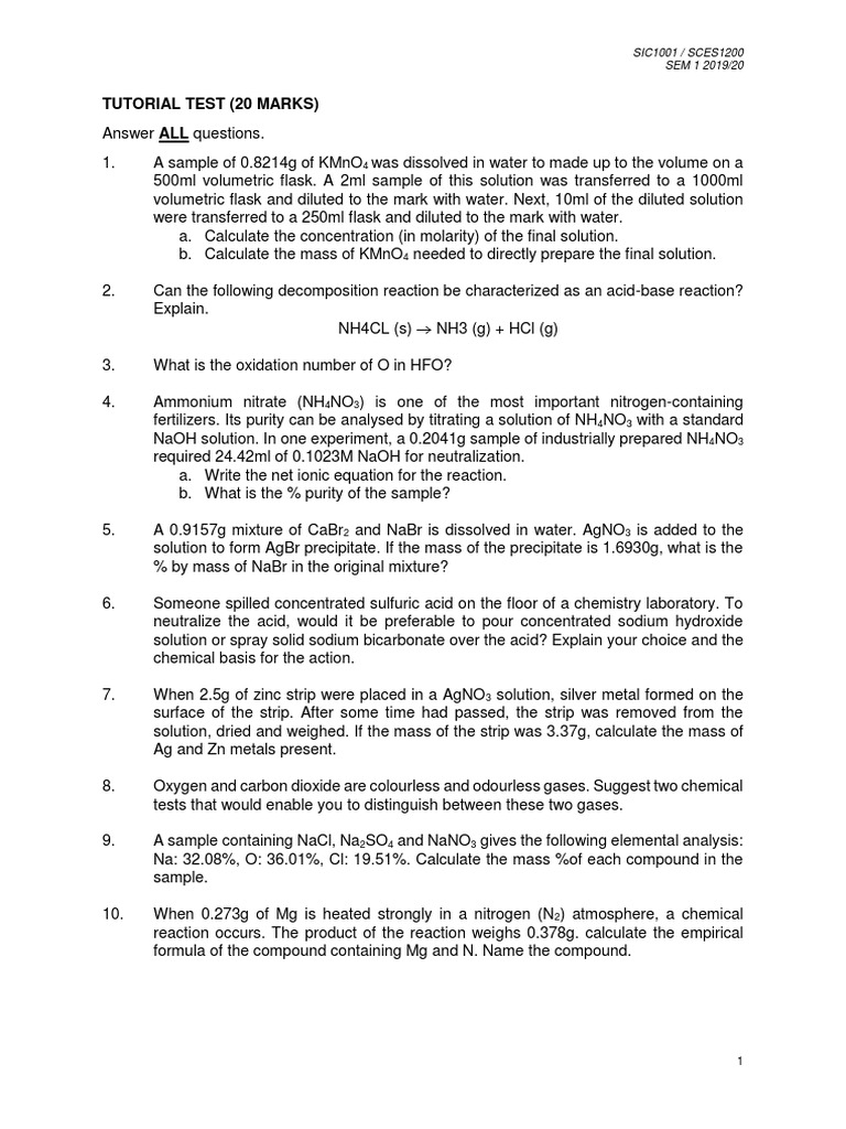 Mid-Sem Break - Tutorial Test | PDF | Sodium Hydroxide | Solution