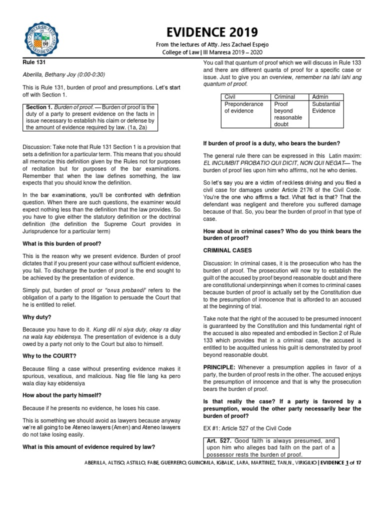 Rule 131 2019 | PDF | Burden Of Proof (Law) | Evidence