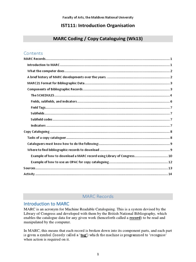 IST111: Introduction Organisation MARC Coding / Copy Cataloguing (Wk13 ...
