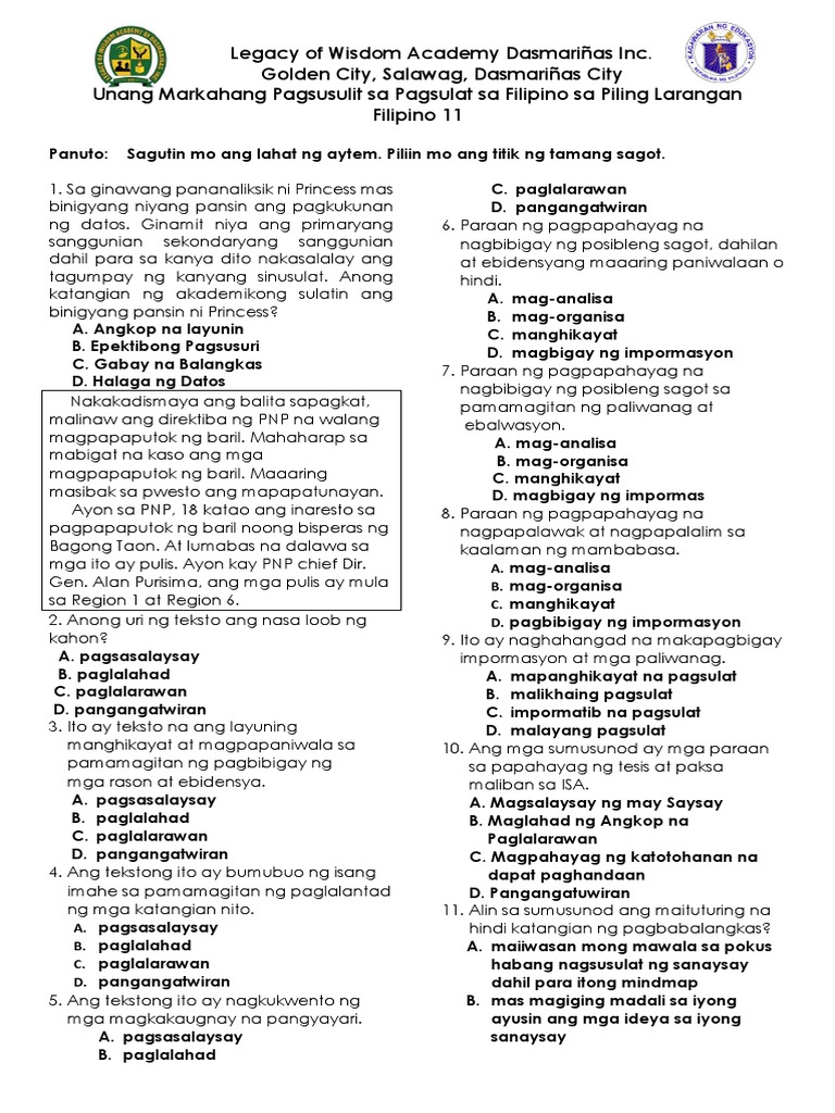 Unang Markahang Pagsusulit Sa Filipino 11