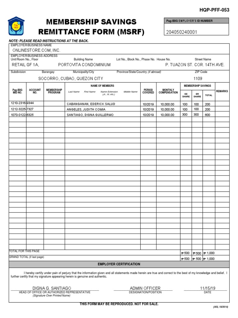Pag-IBIG Membership Savings Remittance Form | PDF | Employment | Salary