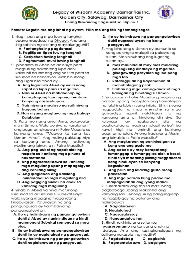 Filipino7 1st Quarter Exam | PDF