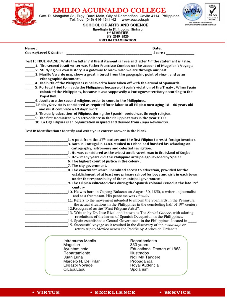 Philippine History Prelim Exam 2019-2020 | PDF | Philippines