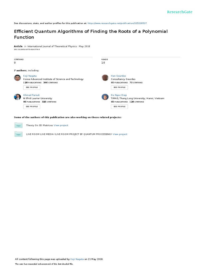 E Cient Quantum Algorithms of Finding The Roots of A Polynomial Function | PDF | Quantum ...