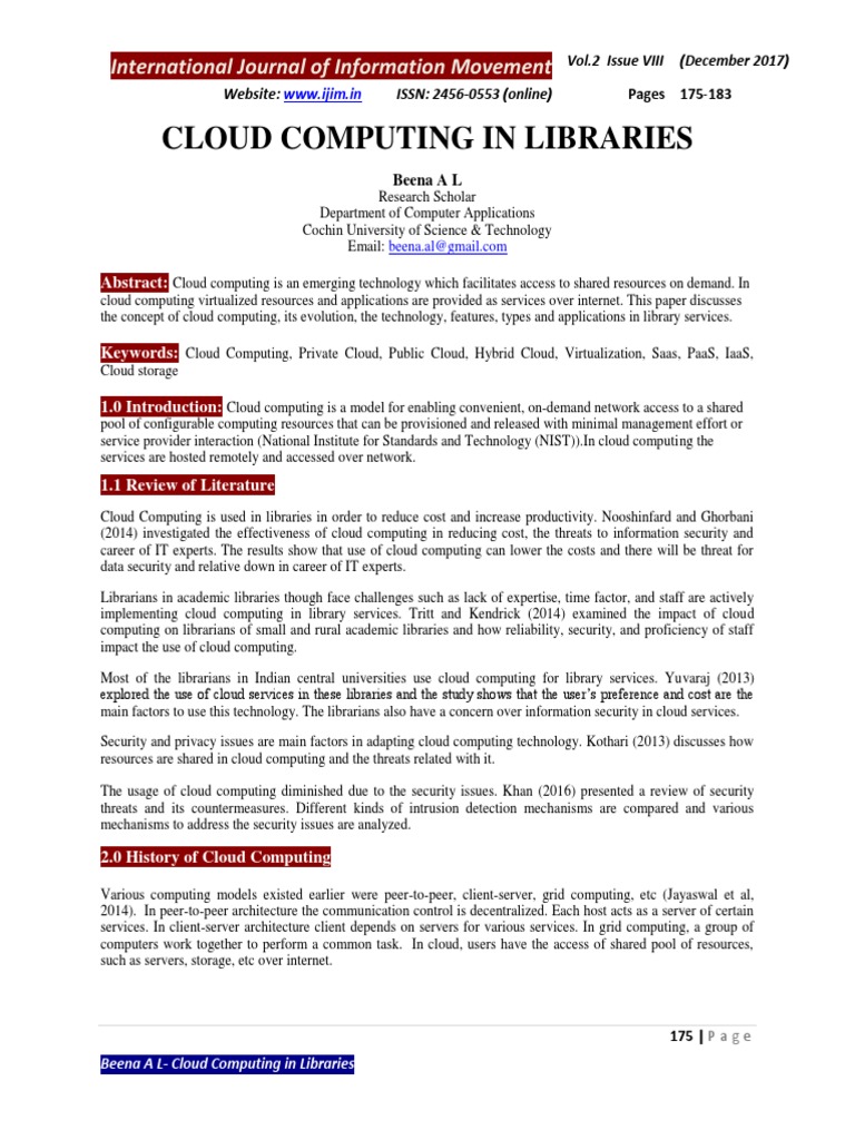 Vol 2 Issue VIII 175 183 Paper 26 30 Beena A L | PDF | Client–Server Model | Cloud Computing