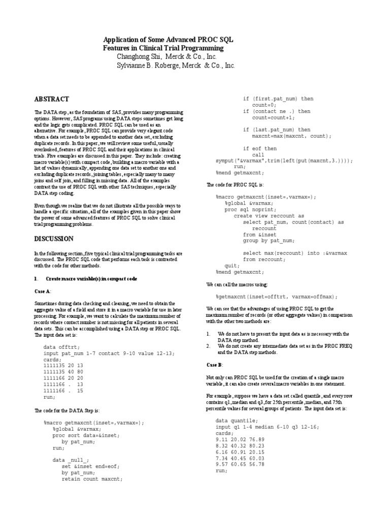 Advanced PROC SQL Programming Techniques | PDF | Sas (Software) | Relational Database
