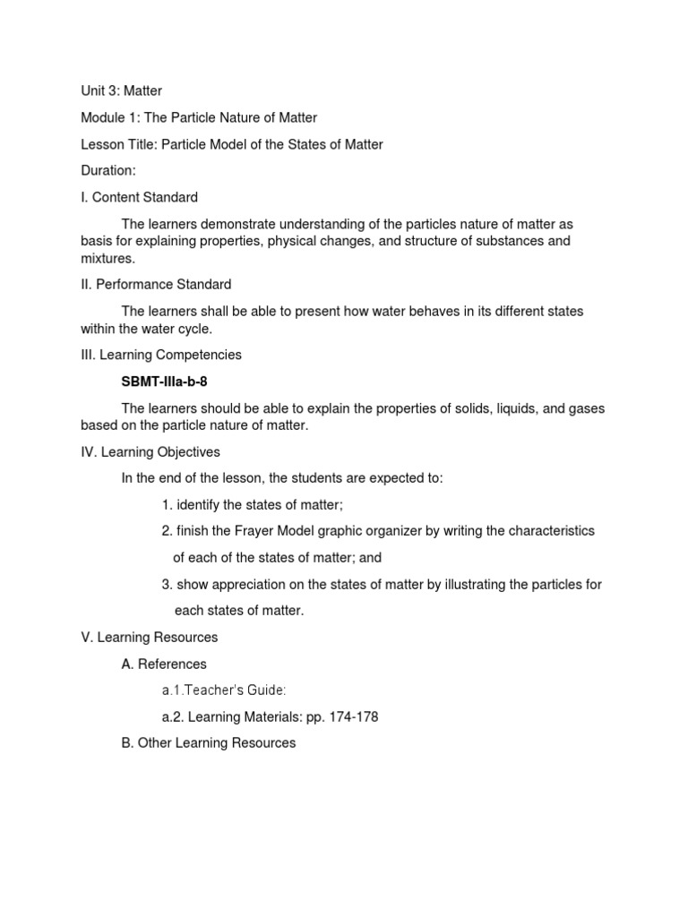 Lesson Plan - Particles Model of The States of Matter | PDF | Matter ...