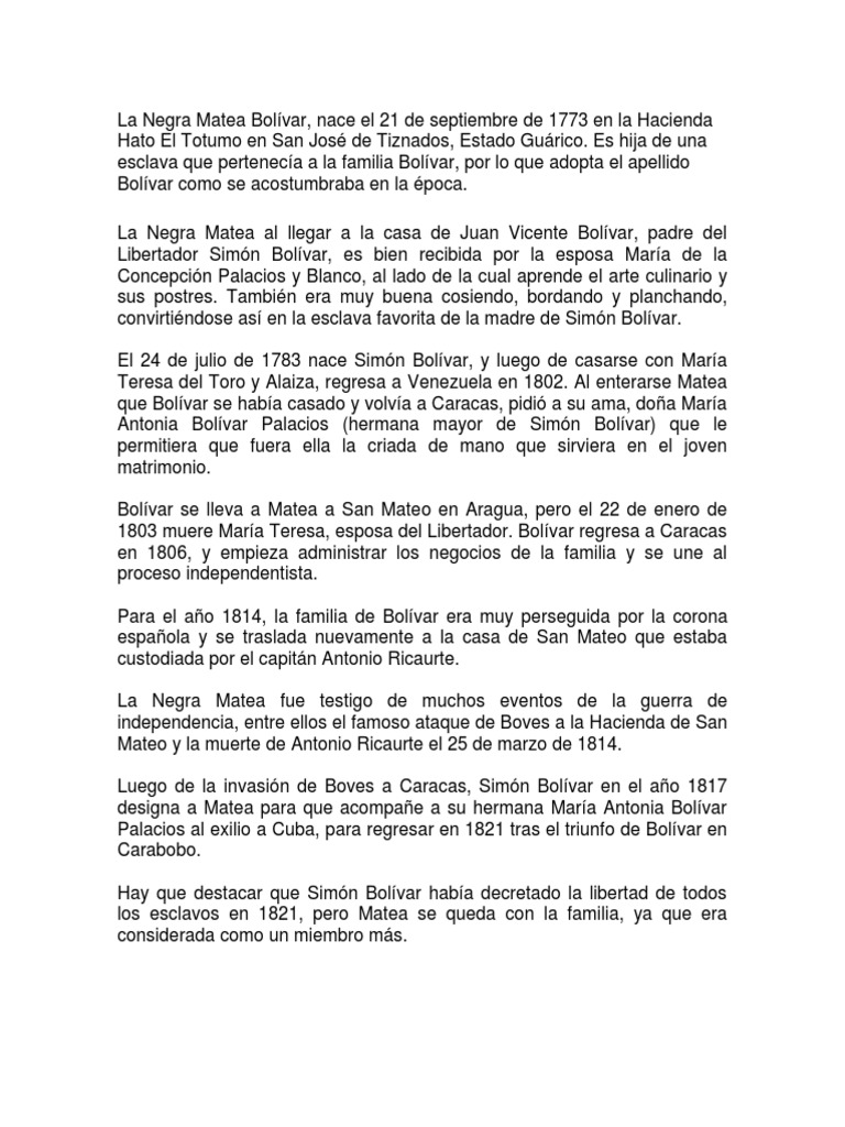 La Negra Matea Bolívar | PDF | América del Sur | Agitación