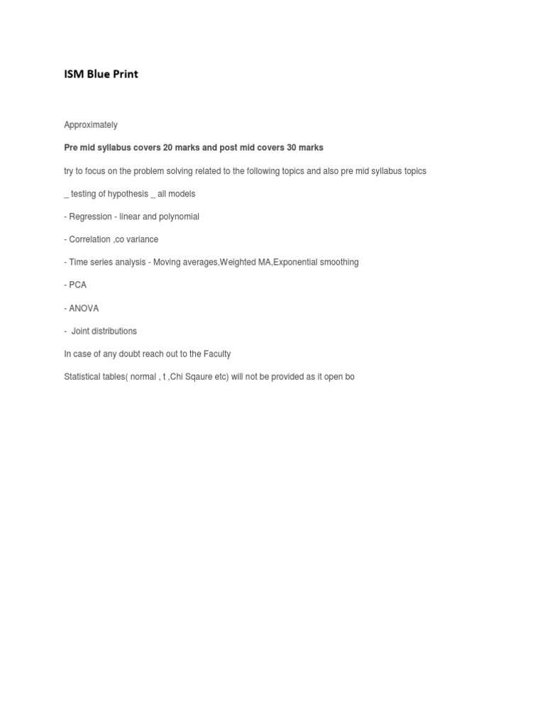 ISM Blue Print: Pre Mid Syllabus Covers 20 Marks and Post Mid Covers 30 ...