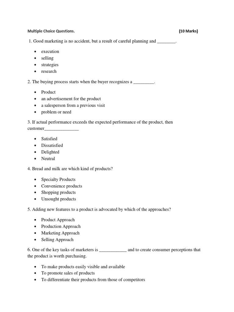 Multiple Choice Questions.: (10 Marks) | PDF | Marketing | Consumer ...