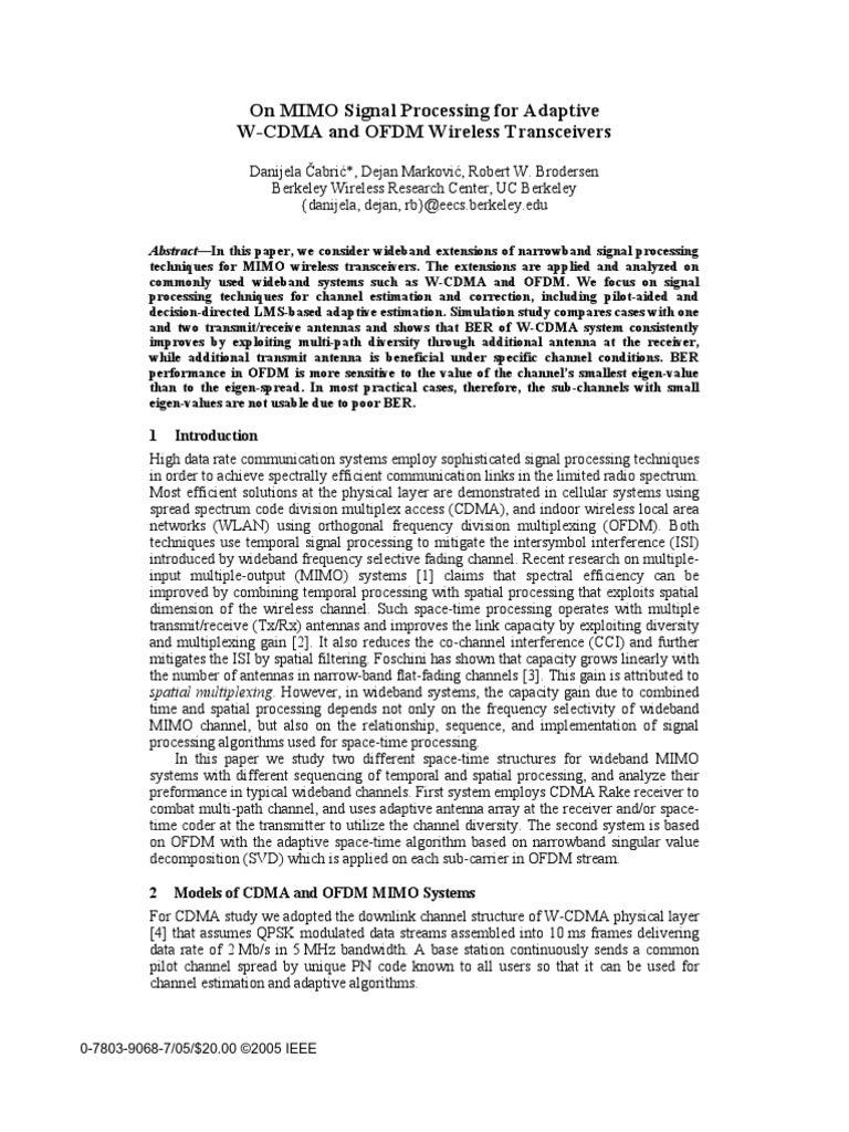 On MIMO Signal Processing For Adaptive W-CDMA and OFDM Wireless Transceivers | PDF | Mimo ...