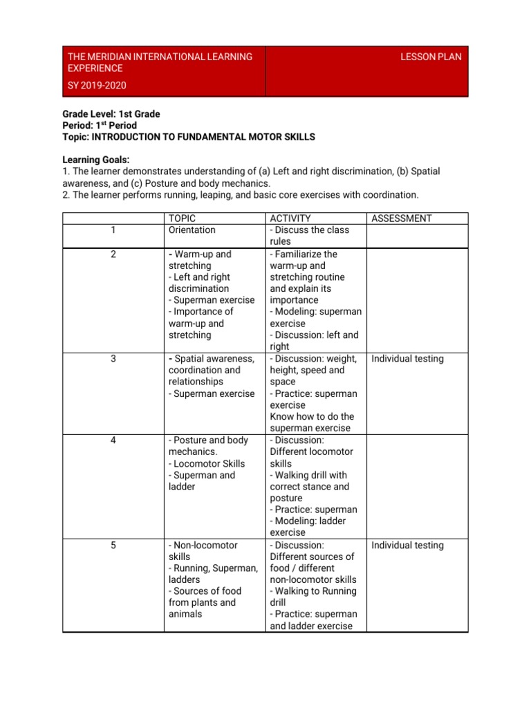 PE Grade 1 Lesson Plan 2019-2020 | PDF | Lesson Plan | Gymnastics