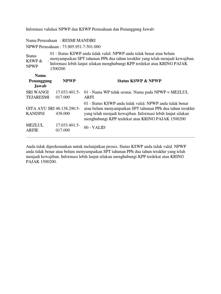 Informasi Validasi NPWP Dan KSWP Perusahaan Dan Penanggung Jawab CV Resmi Mandiri | PDF