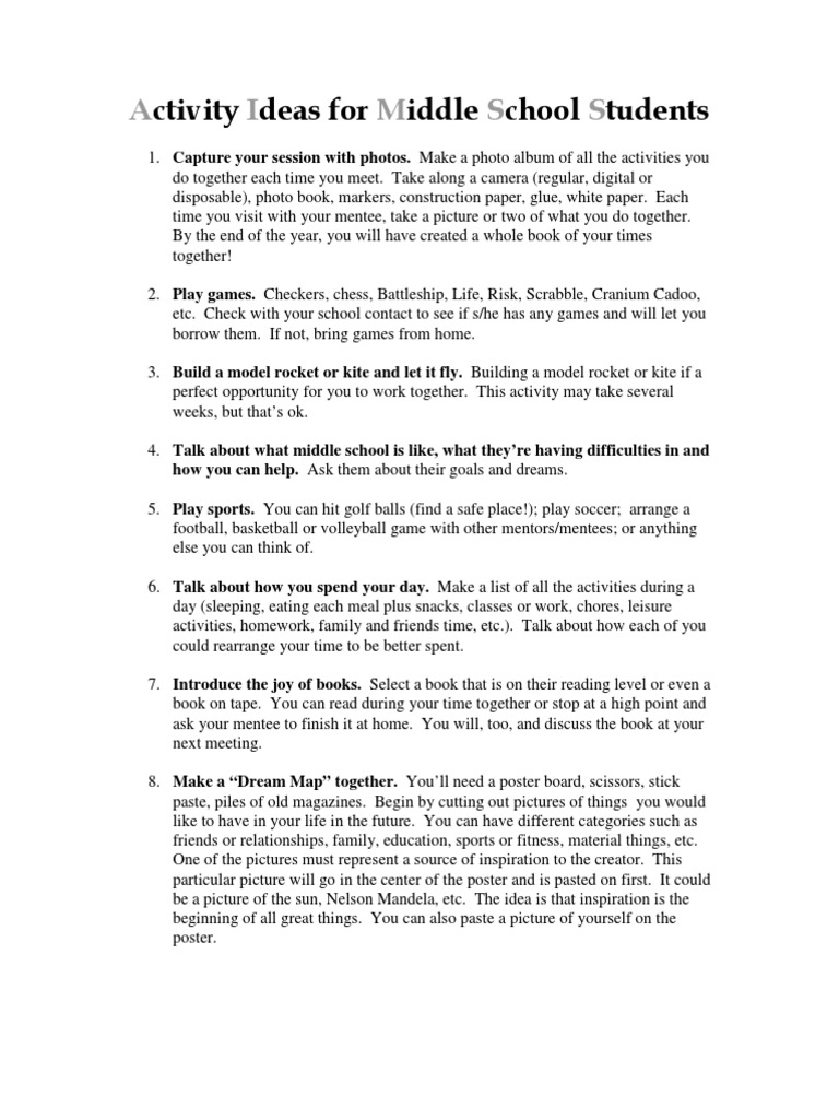 Activity Ideas For Middle School Students | PDF | Mentorship