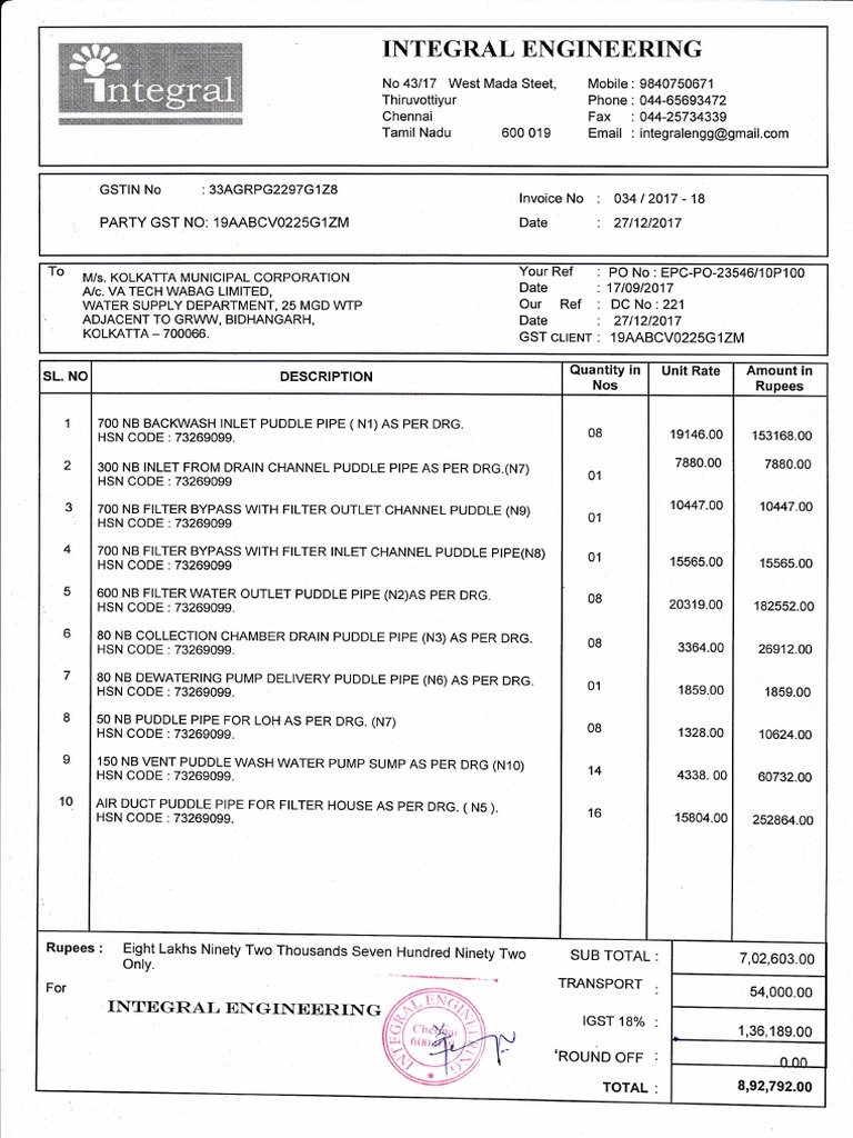 Integral Engineering Invoice Details | PDF