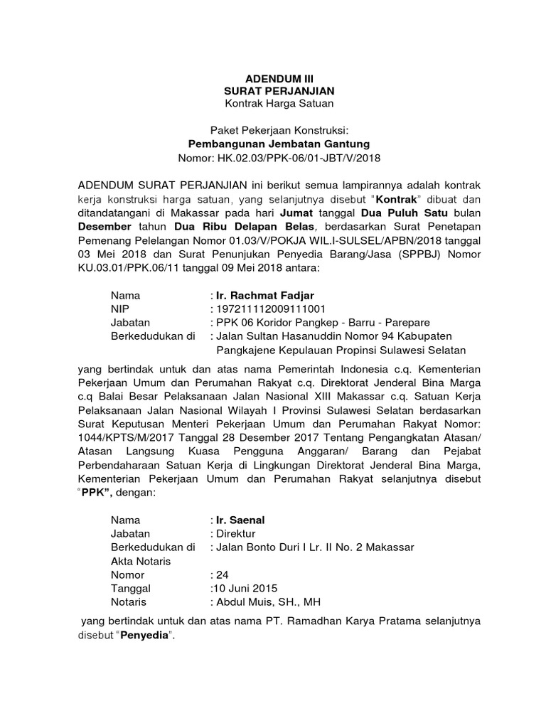 SURAT PERJANJIAN Jbt. Gantung Adendum 3 (Optimasi) | PDF | Pengelolaan Keuangan & Uang | Hukum