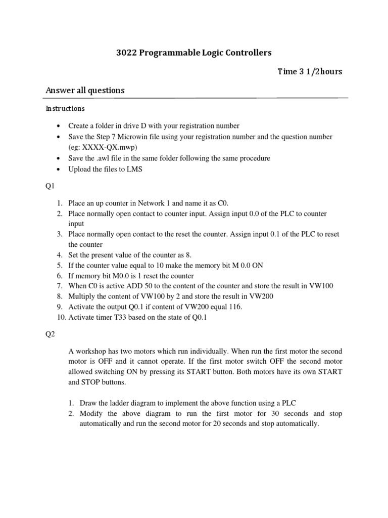 3022 PLC Test Paper | PDF | Programmable Logic Controller ...
