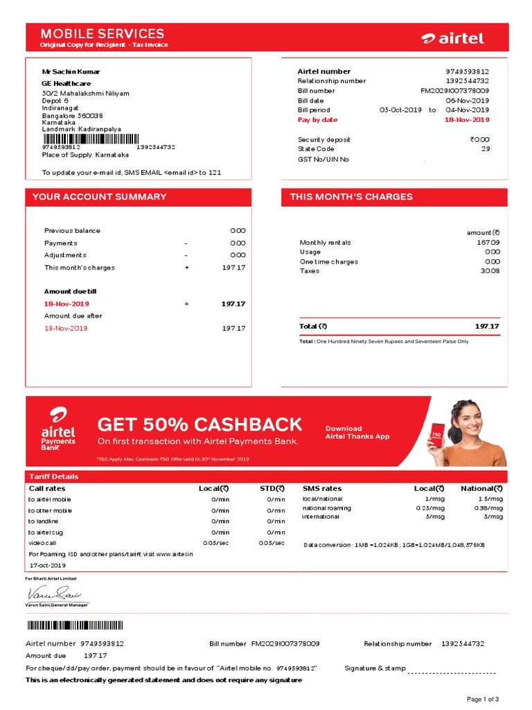 Postpaid Bill 9749593812 FM2029I007378009 | PDF | Invoice | Credit Card