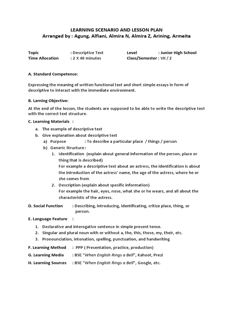 Lesson Plan For Descriptive Text | PDF | Lesson Plan | Learning