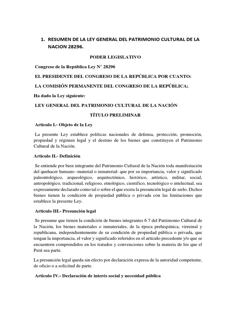 Resumen de La Ley General Del Patrimonio Cultural de La Nacion 28296 | PDF | Patrimonio cultural ...