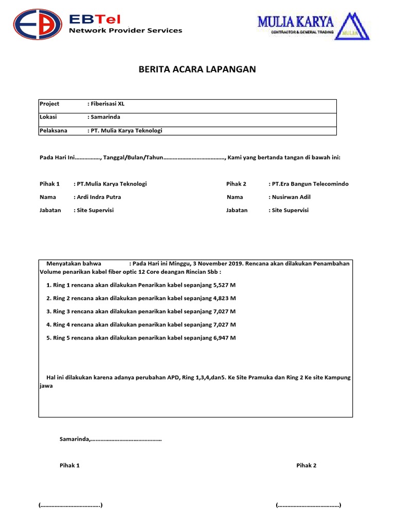 Berita Acara Lapangan (BA) Penambahan Kabel | PDF