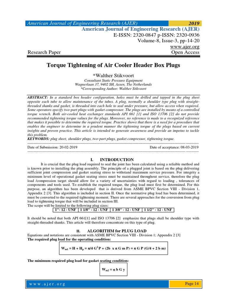 Torque Calculation for Air Cooler Plugs | PDF | Mechanical Engineering ...