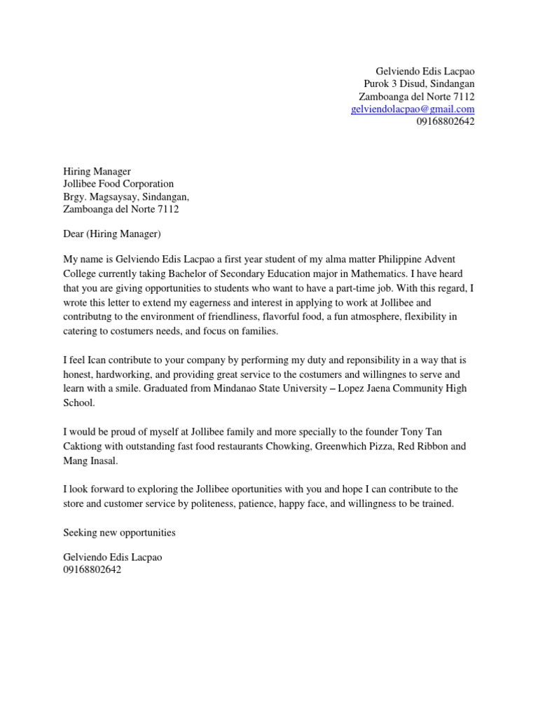 Application Letter For Jollibee Examples