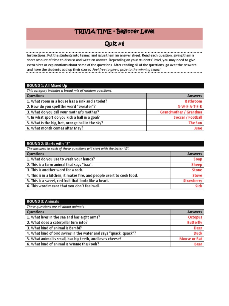 ESL Trivia Game - Beginner 2 PDF | PDF