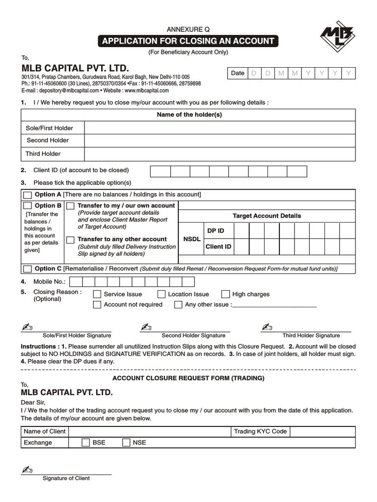 Account Closing Form | Business