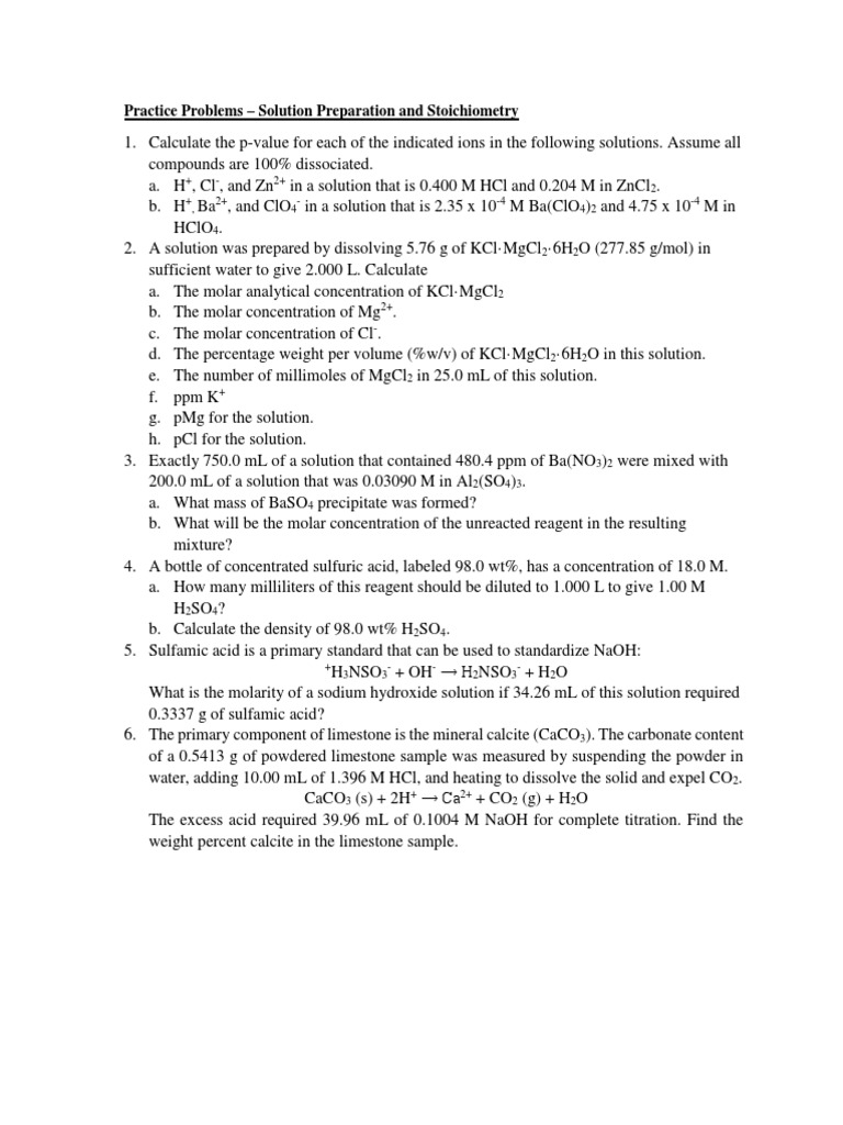 Practice Problems - Stoichiometry | PDF | Molar Concentration | Solution