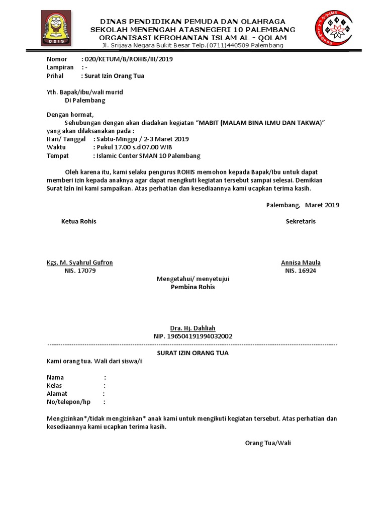 Rohis 10 Surat Izin Orang Tua | PDF