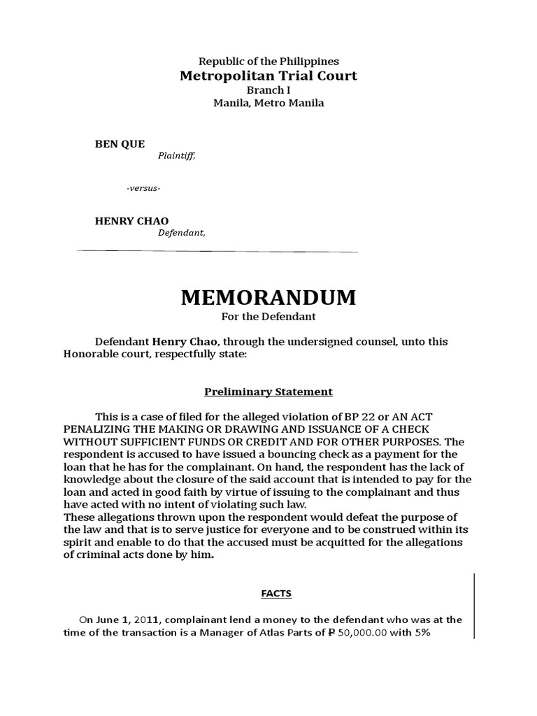 Memorandum: Metropolitan Trial Court | PDF | Negotiable Instrument | Cheque