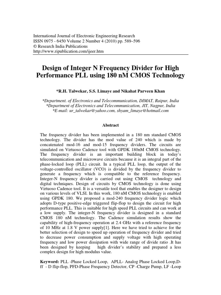Design of Integer N Frequency Divider For High Performance PLL Using ...