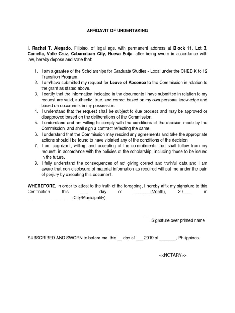 Affidavit of Undertaking Absence | PDF