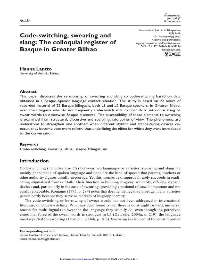 Code-Switching, Swearing and Slang: The Colloquial Register of Basque ...
