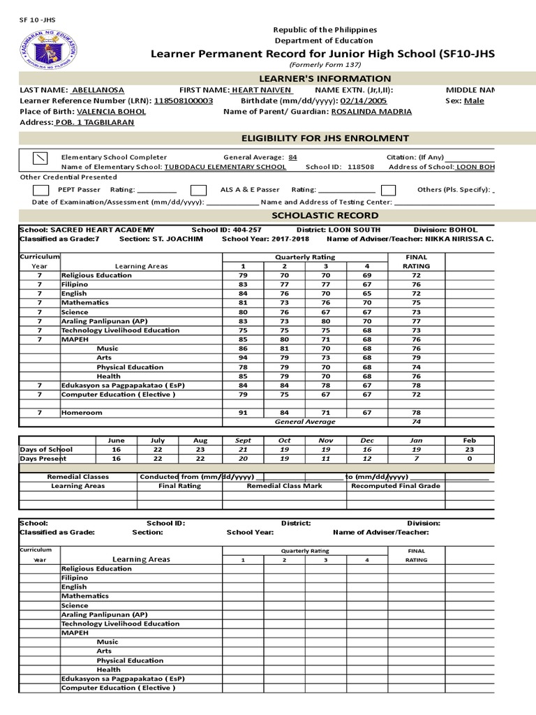 Form 137 Jhs | PDF | Behavior Modification | Learning