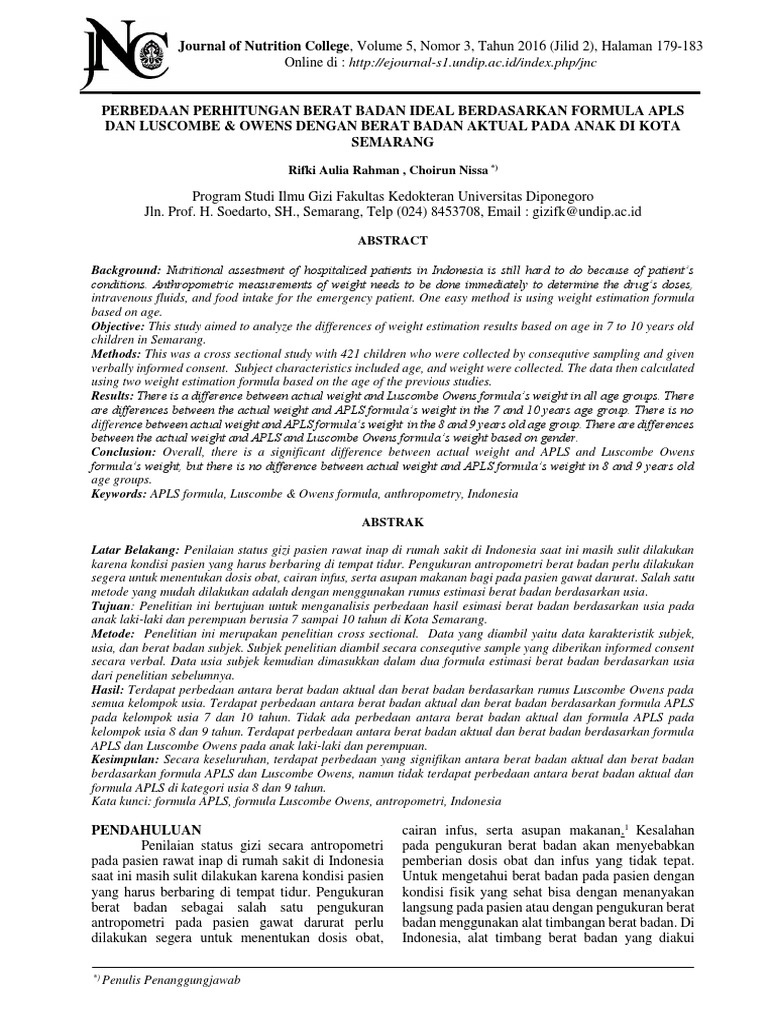 Comparison of Weight Estimation Results Using the APLS and Luscombe ...